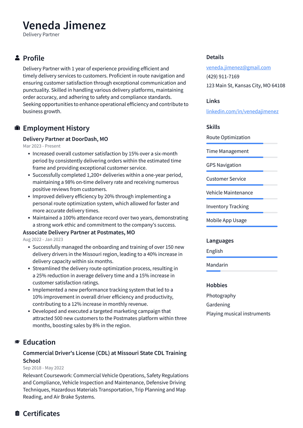 Uber Delivery Partner Resume Examples | ResumeCat