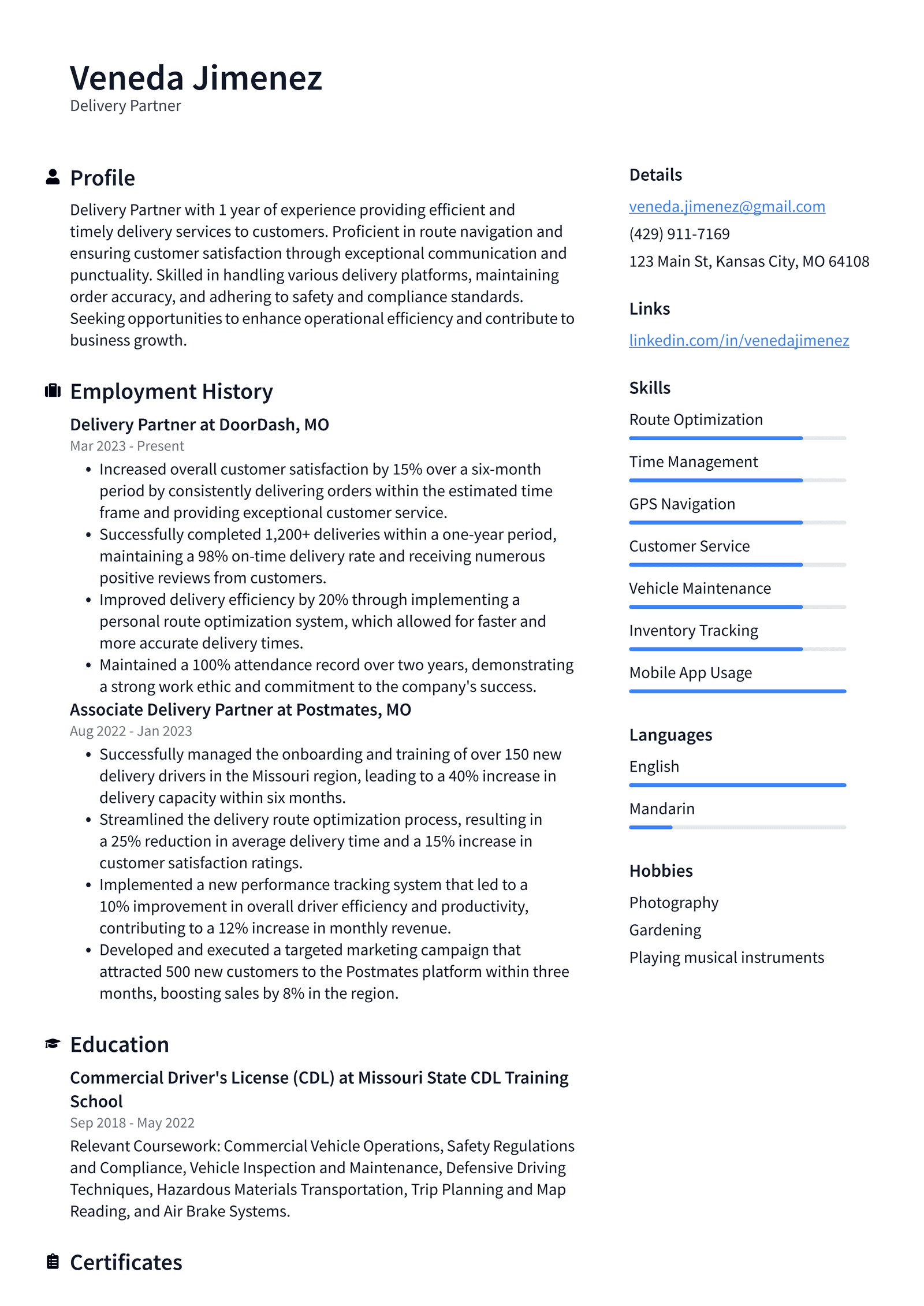 Uber Delivery Partner Resume Examples | ResumeCat