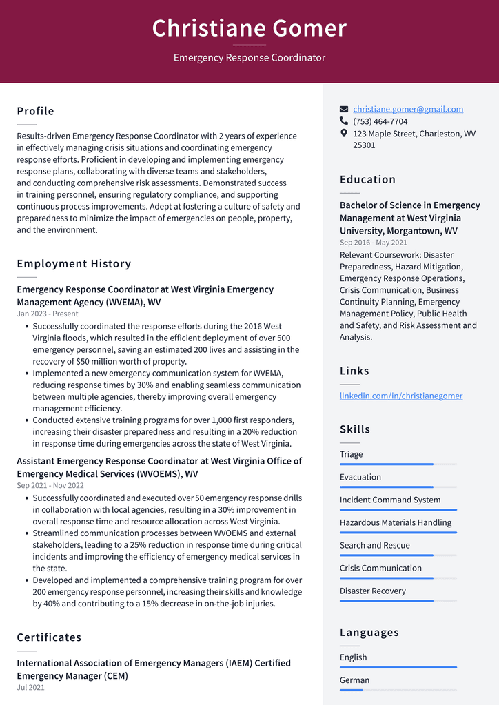 Uber Emergency Response Coordinator Resume Examples