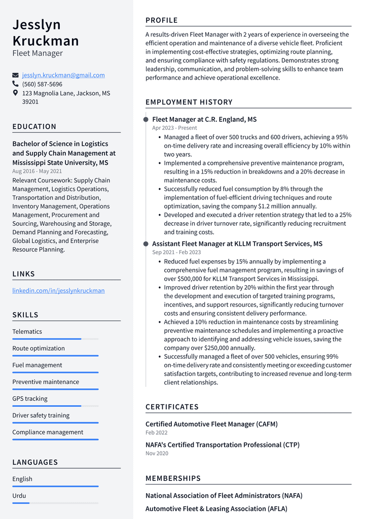 Uber Fleet Manager Resume Examples | ResumeCat