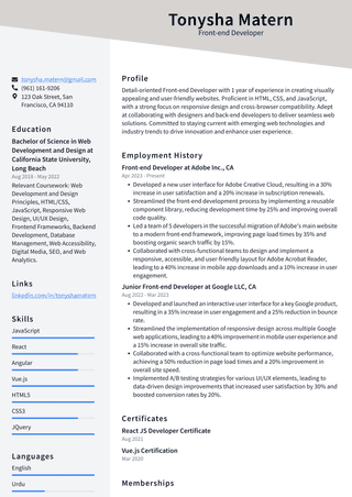 Uber Front-end Developer Resume Examples | ResumeCat