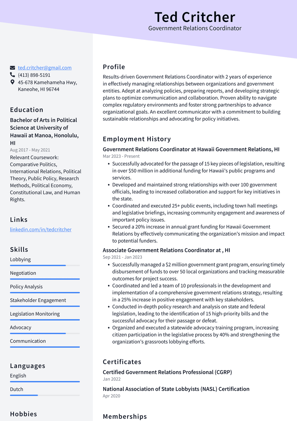 Uber Government Relations Coordinator Resume Examples