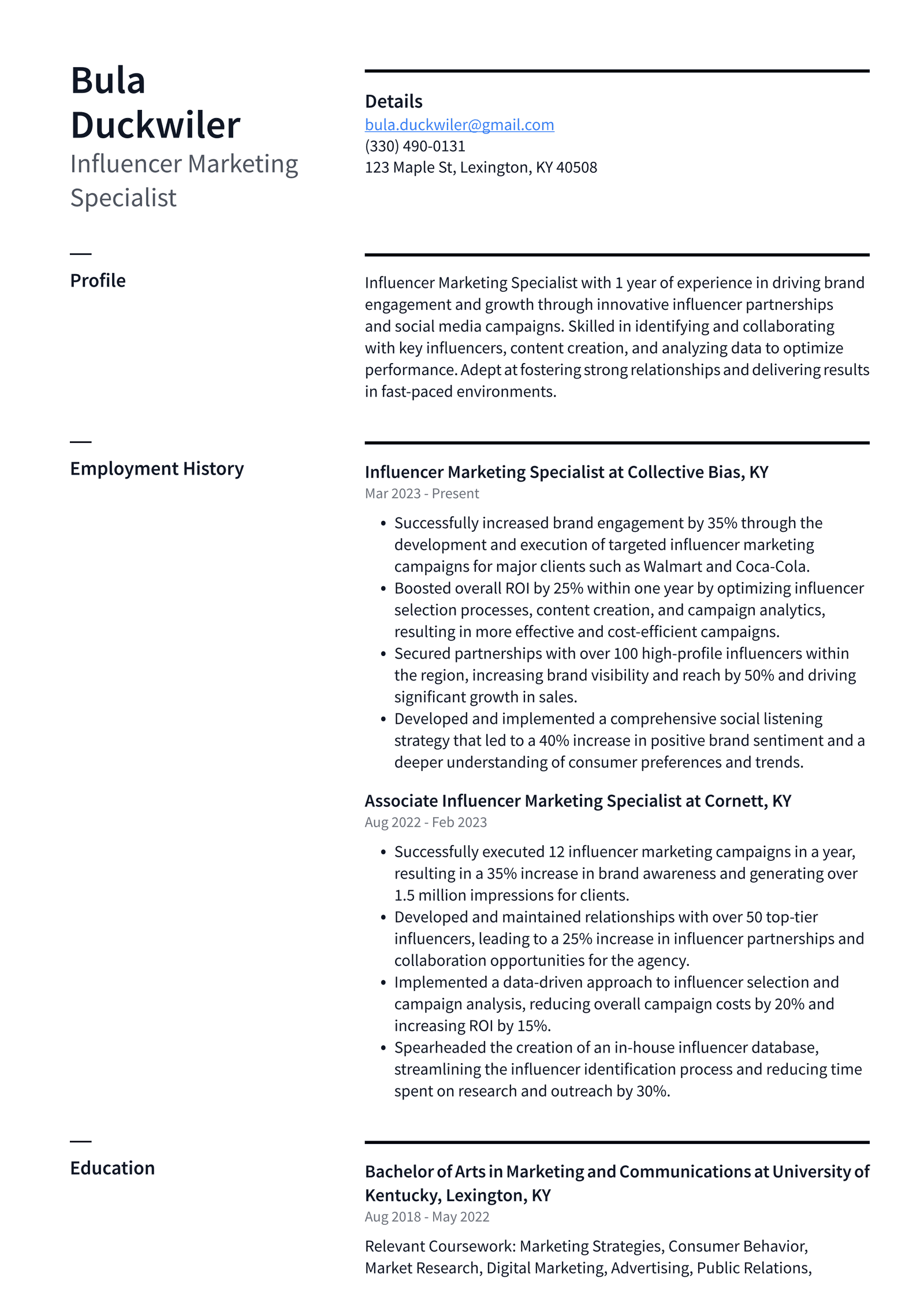 Uber Influencer Marketing Specialist Resume Examples