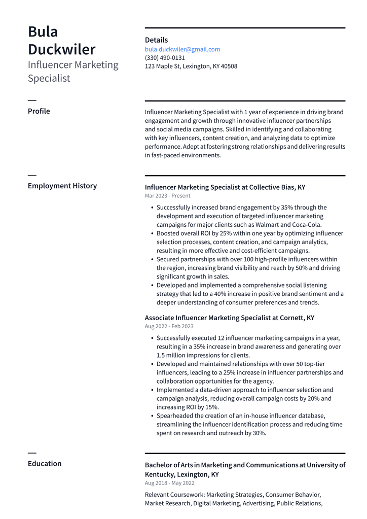 Uber Influencer Marketing Specialist Resume Examples