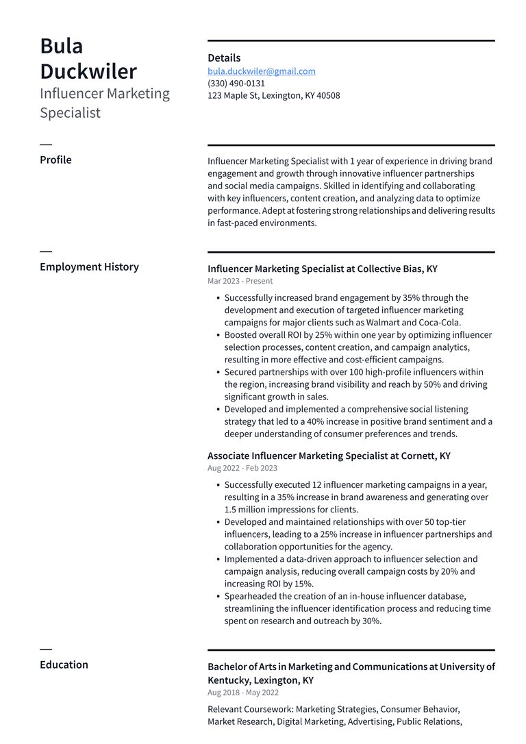 Uber Influencer Marketing Specialist Resume Examples