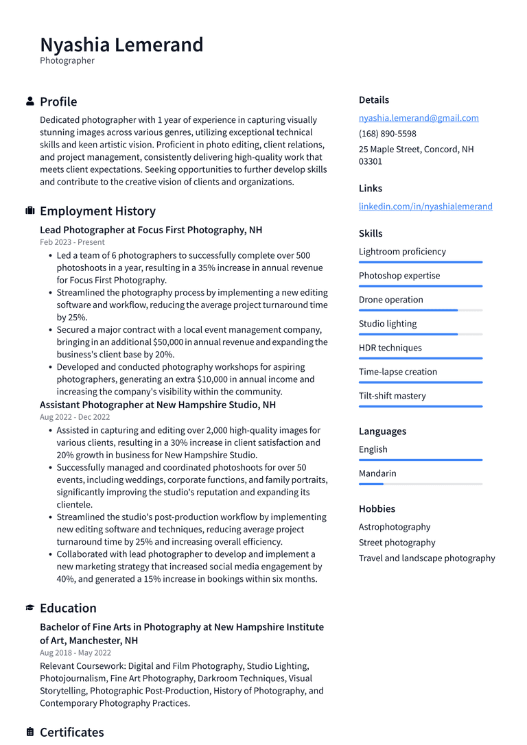 Uber Photographer Resume Examples | ResumeCat