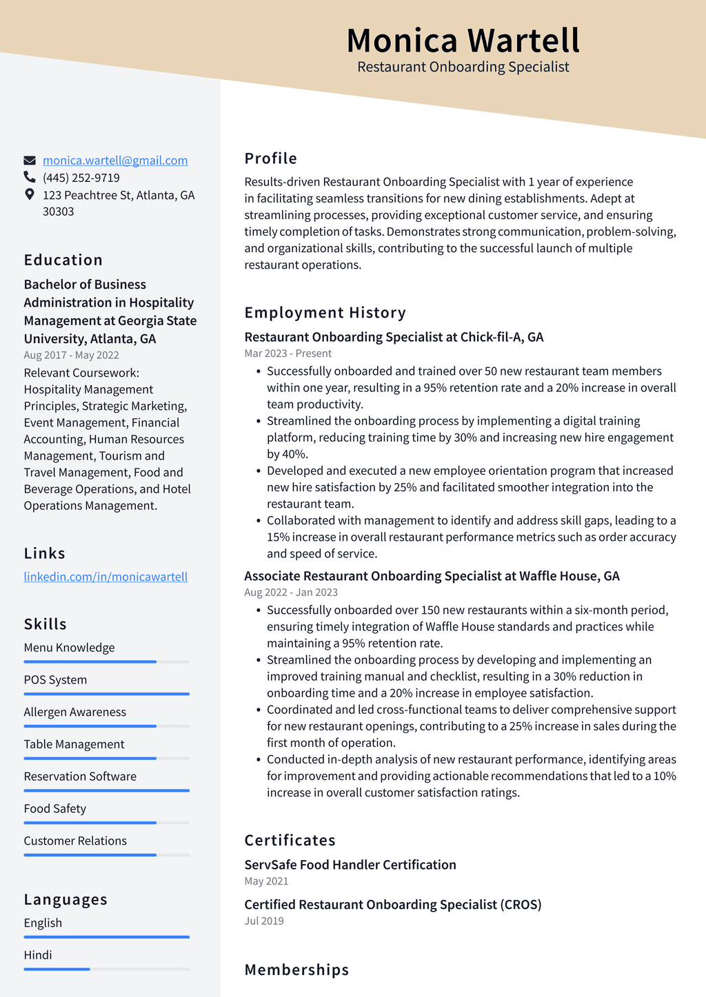 Uber Restaurant Onboarding Specialist Resume Examples
