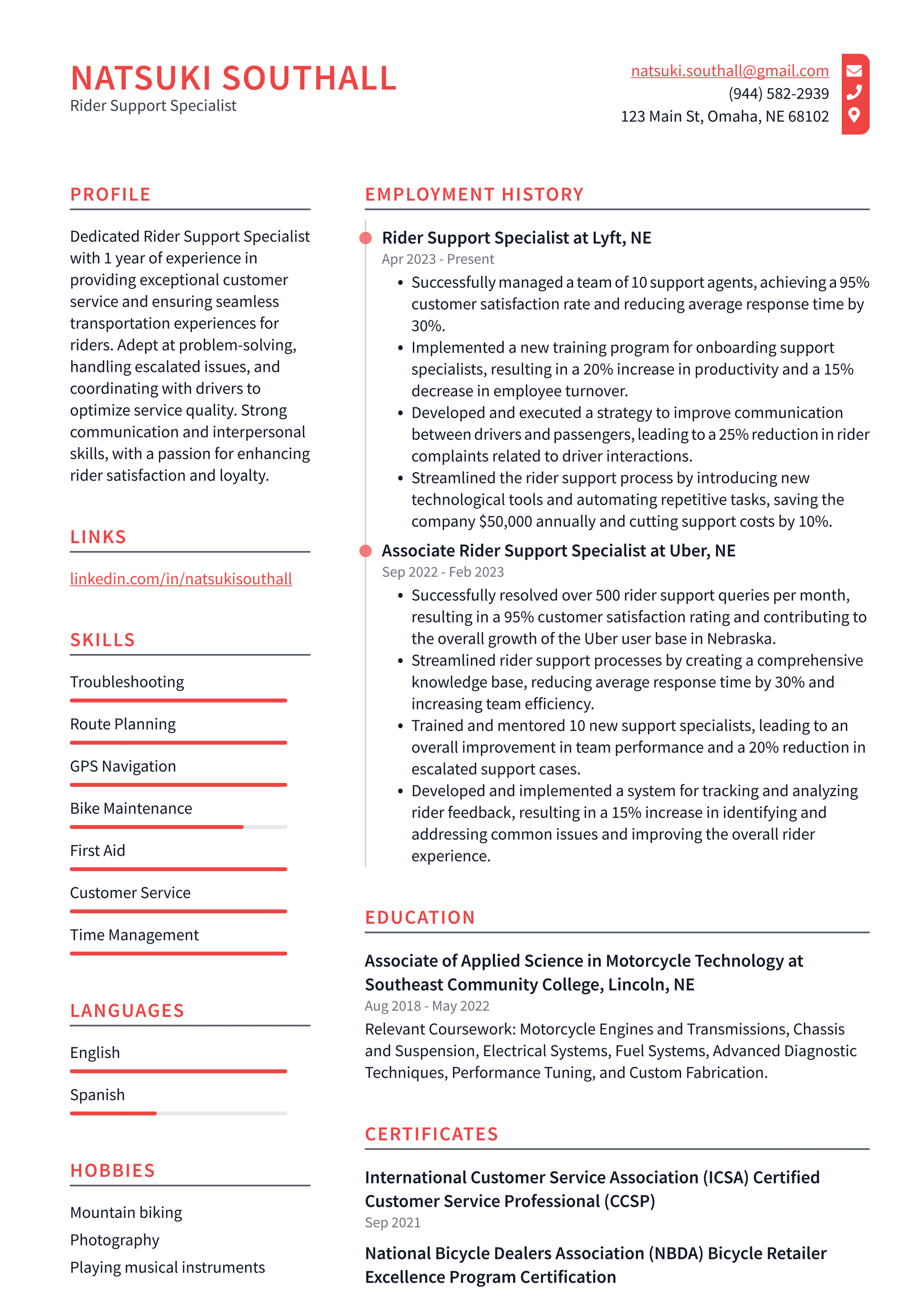 Uber Rider Support Specialist Resume Examples | ResumeCat