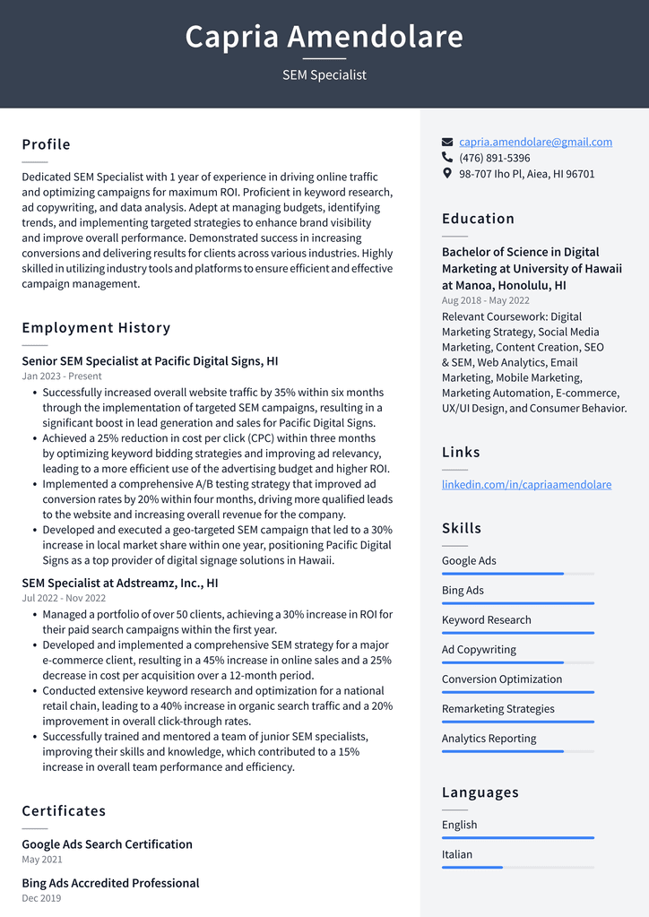 Uber SEM Specialist Resume Examples | ResumeCat