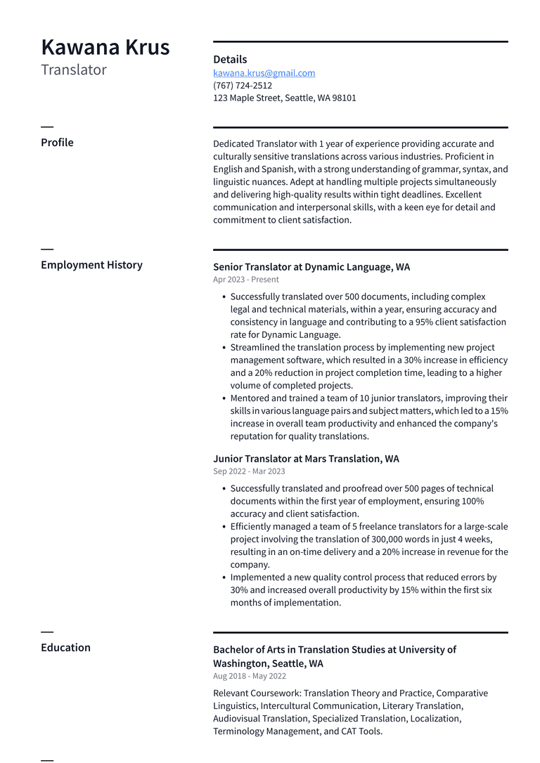 Uber Translator Resume Examples | ResumeCat