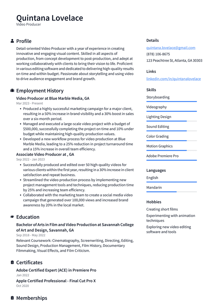 Uber Video Producer Resume Examples | ResumeCat