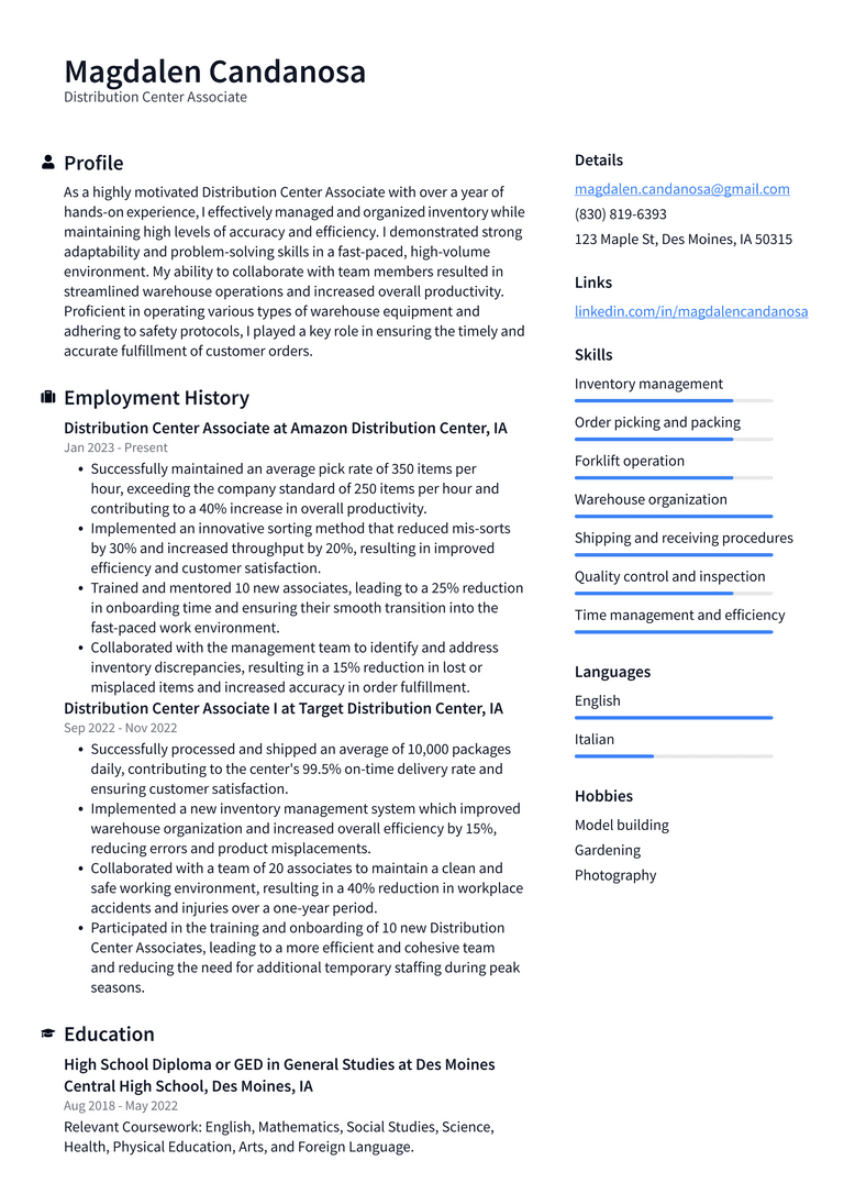 Walgreens Distribution Center Associate Resume Examples