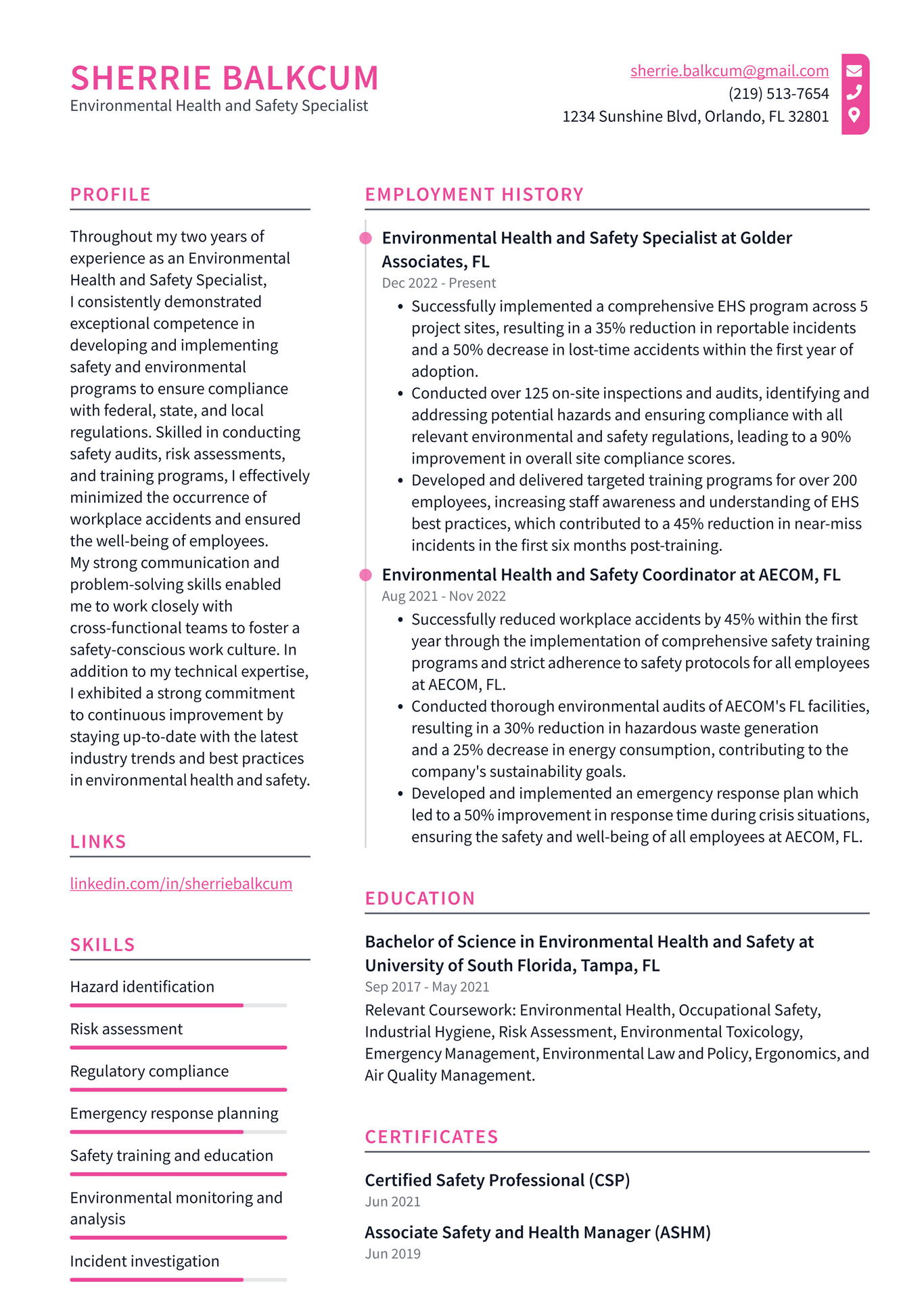 Walgreens Environmental Health and Safety Specialist Resume Examples