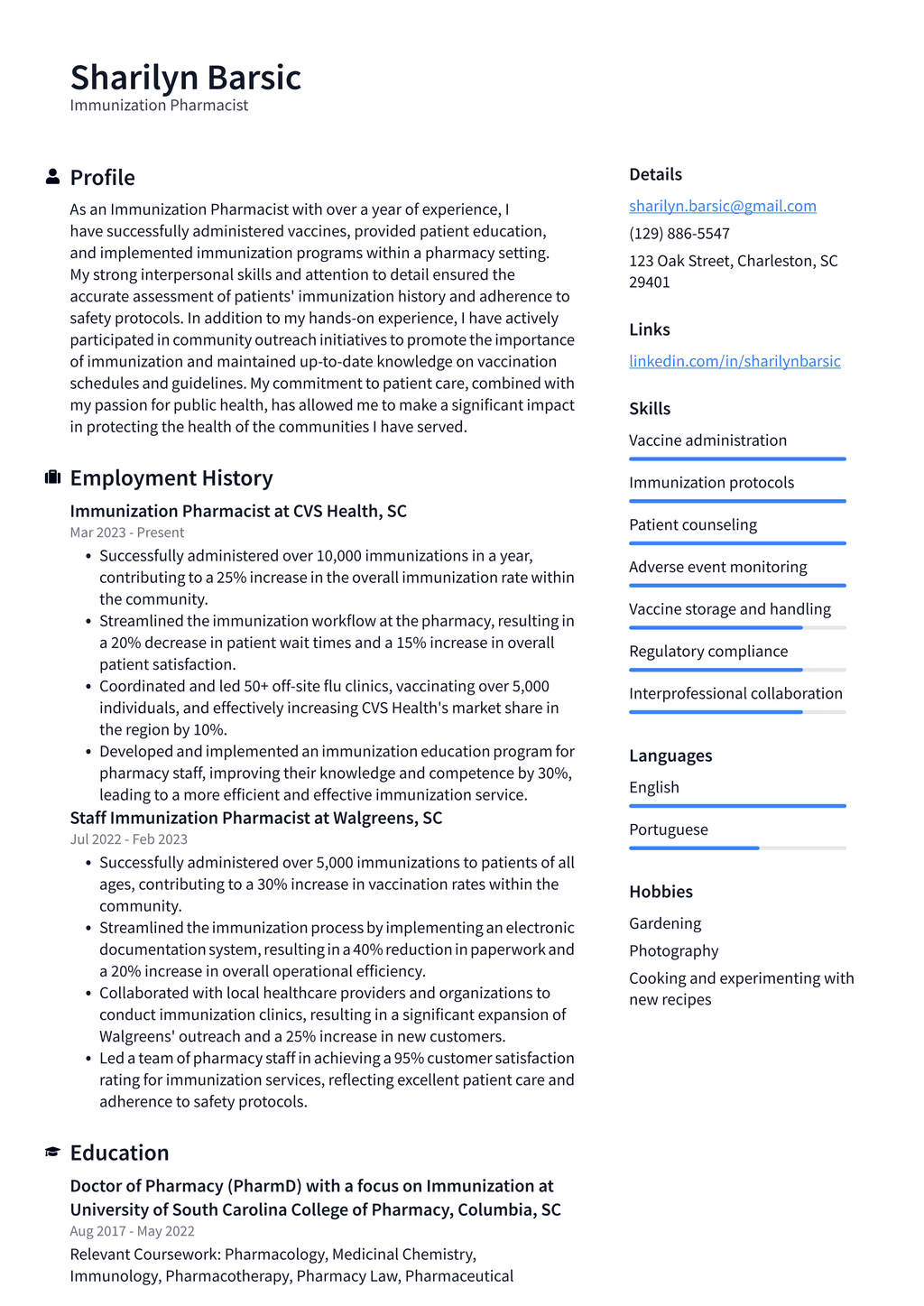 Walgreens Immunization Pharmacist Resume Examples