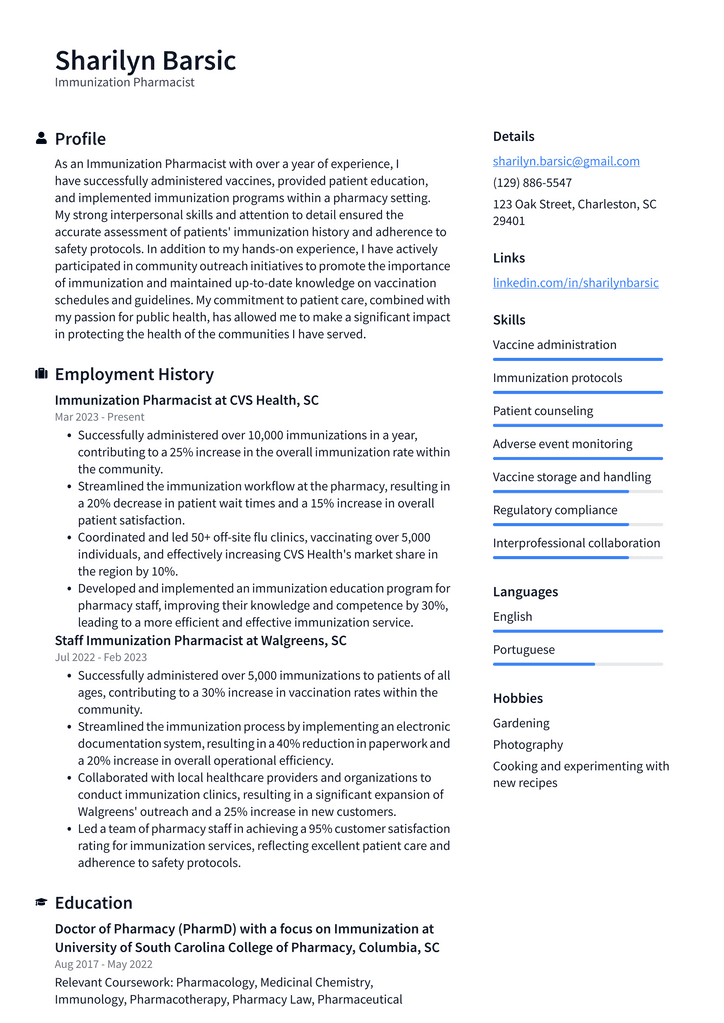 Walgreens Immunization Pharmacist Resume Examples