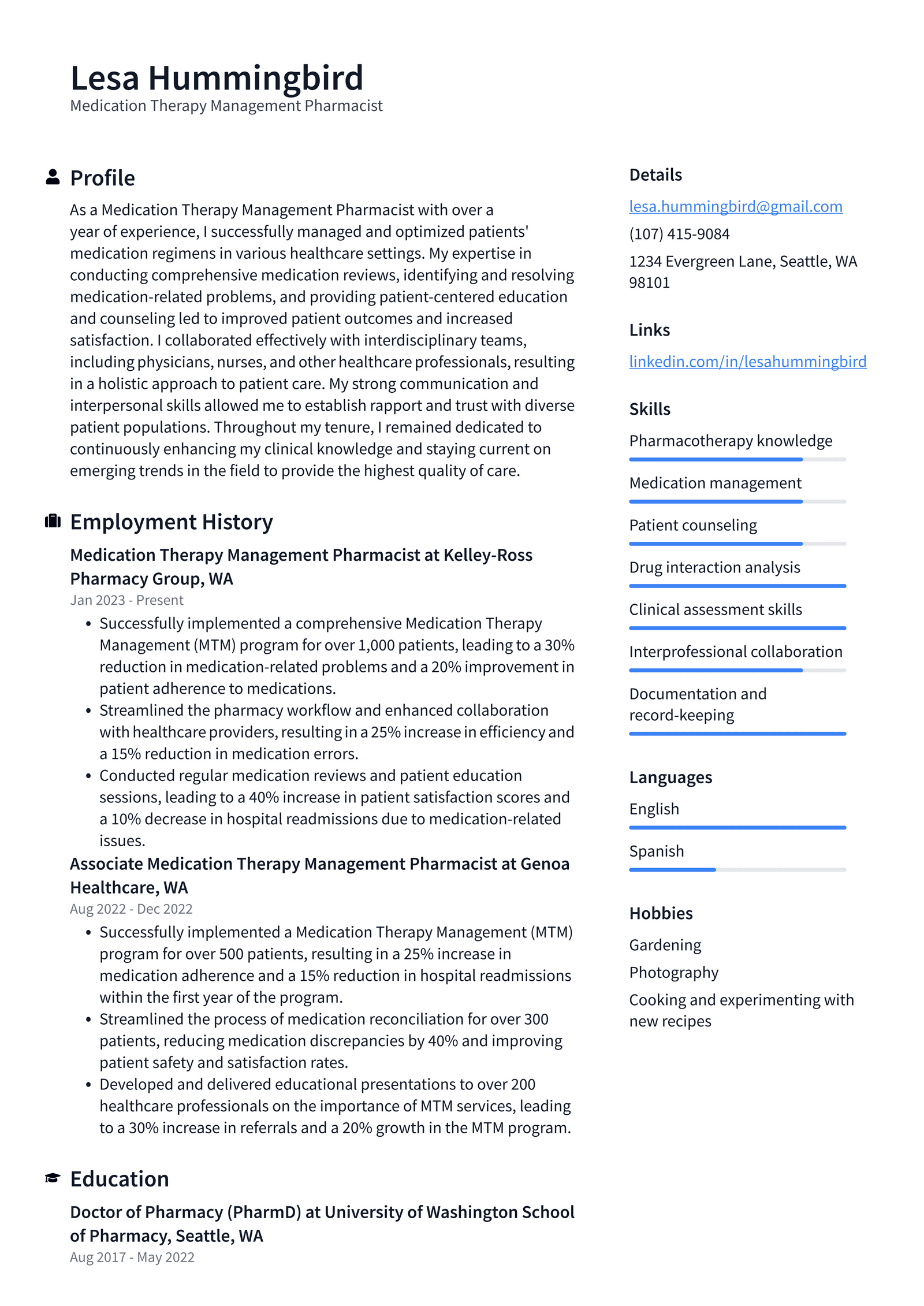 Walgreens Medication Therapy Management Pharmacist Resume Examples