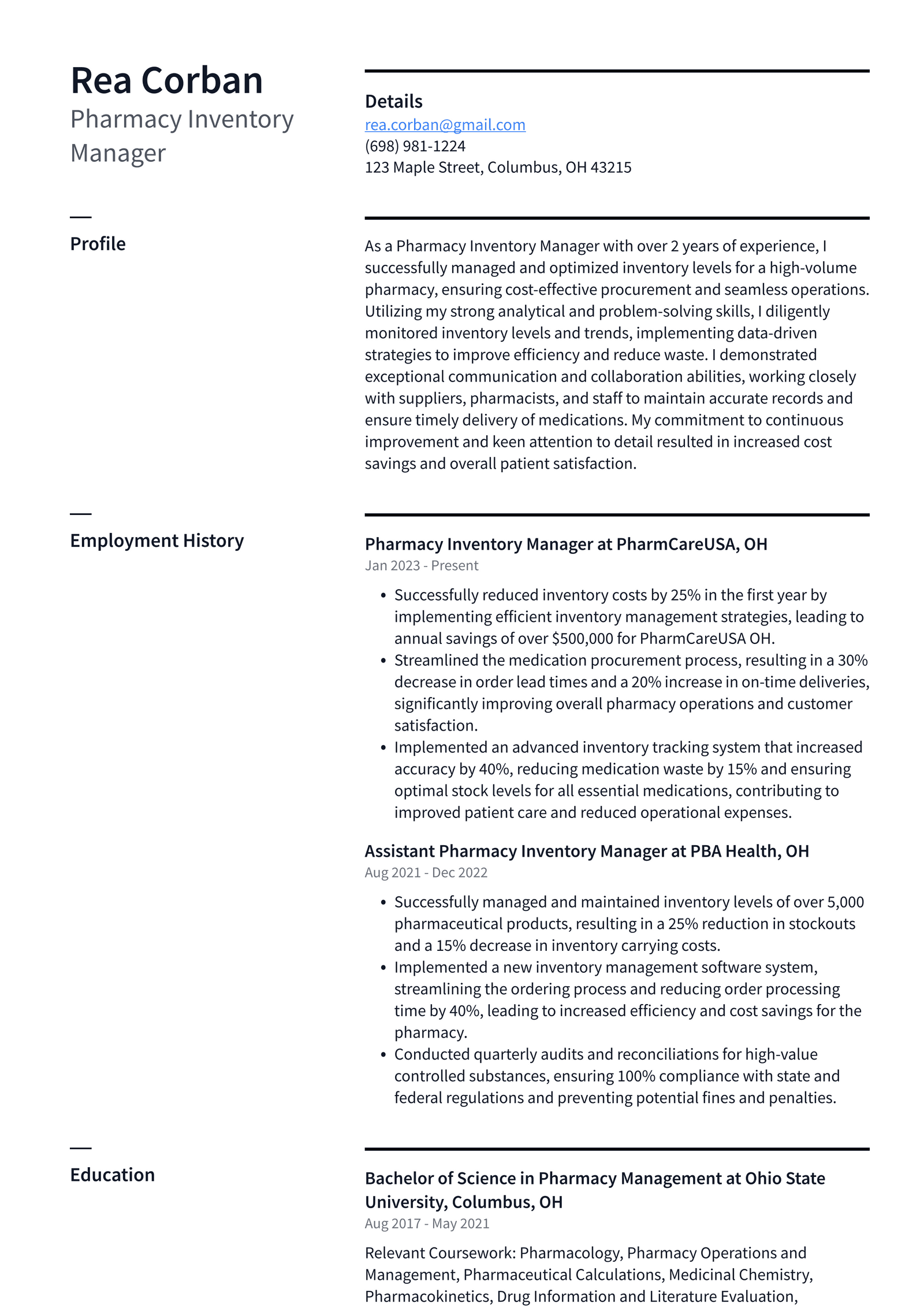 Walgreens Pharmacy Inventory Manager Resume Examples