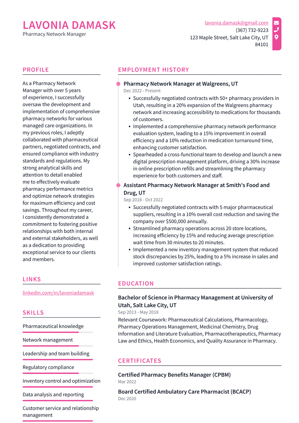 Walgreens Pharmacy Network Manager Resume Examples