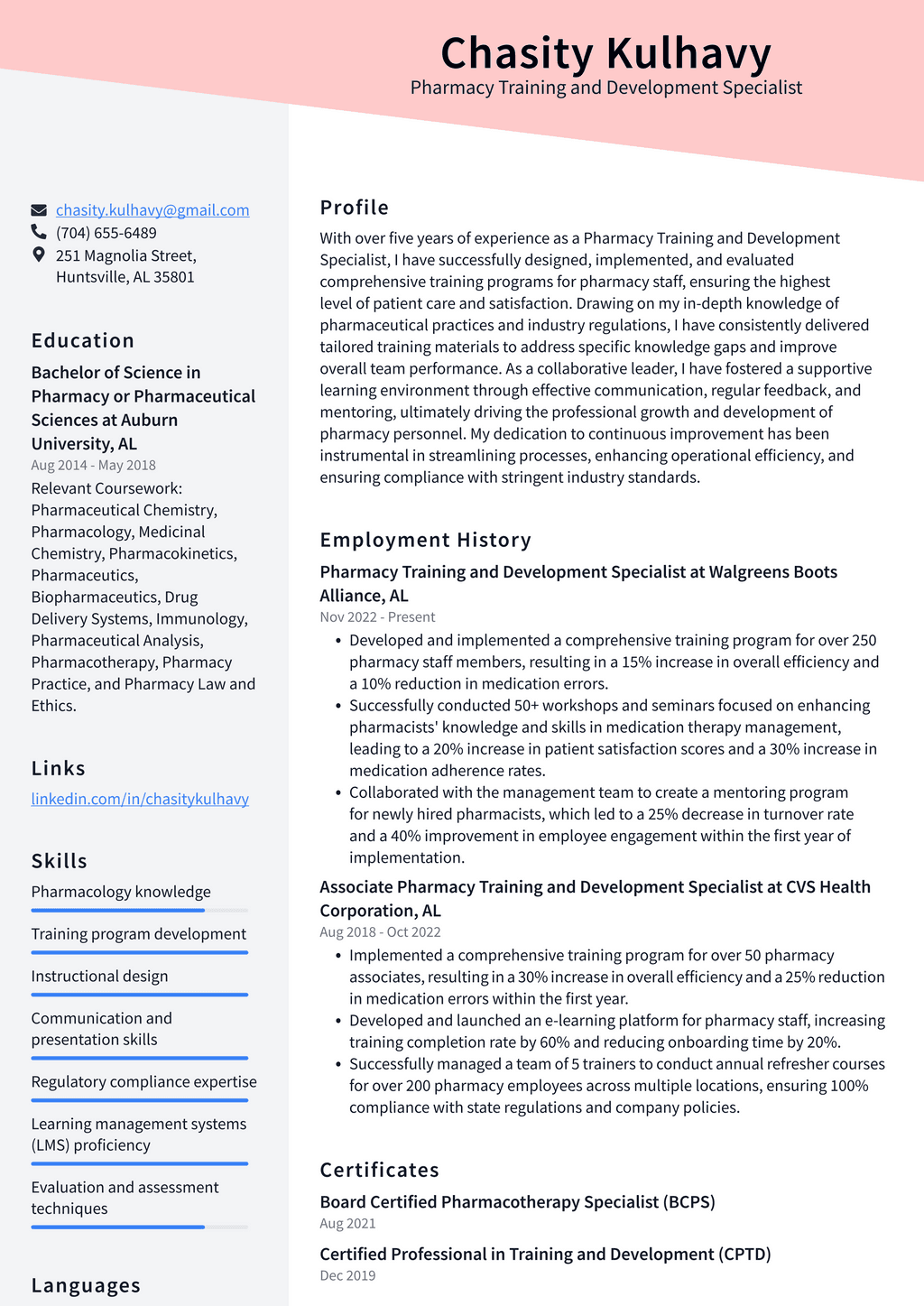 Walgreens Pharmacy Training and Development Specialist Resume Examples