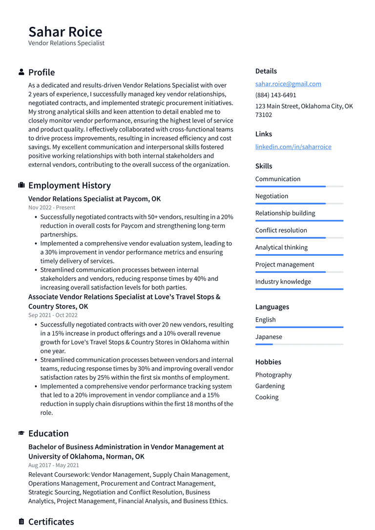 Walgreens Vendor Relations Specialist Resume Examples