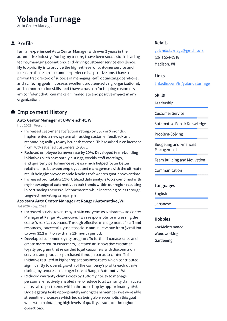 Walmart Auto Center Manager Resume Examples | ResumeCat