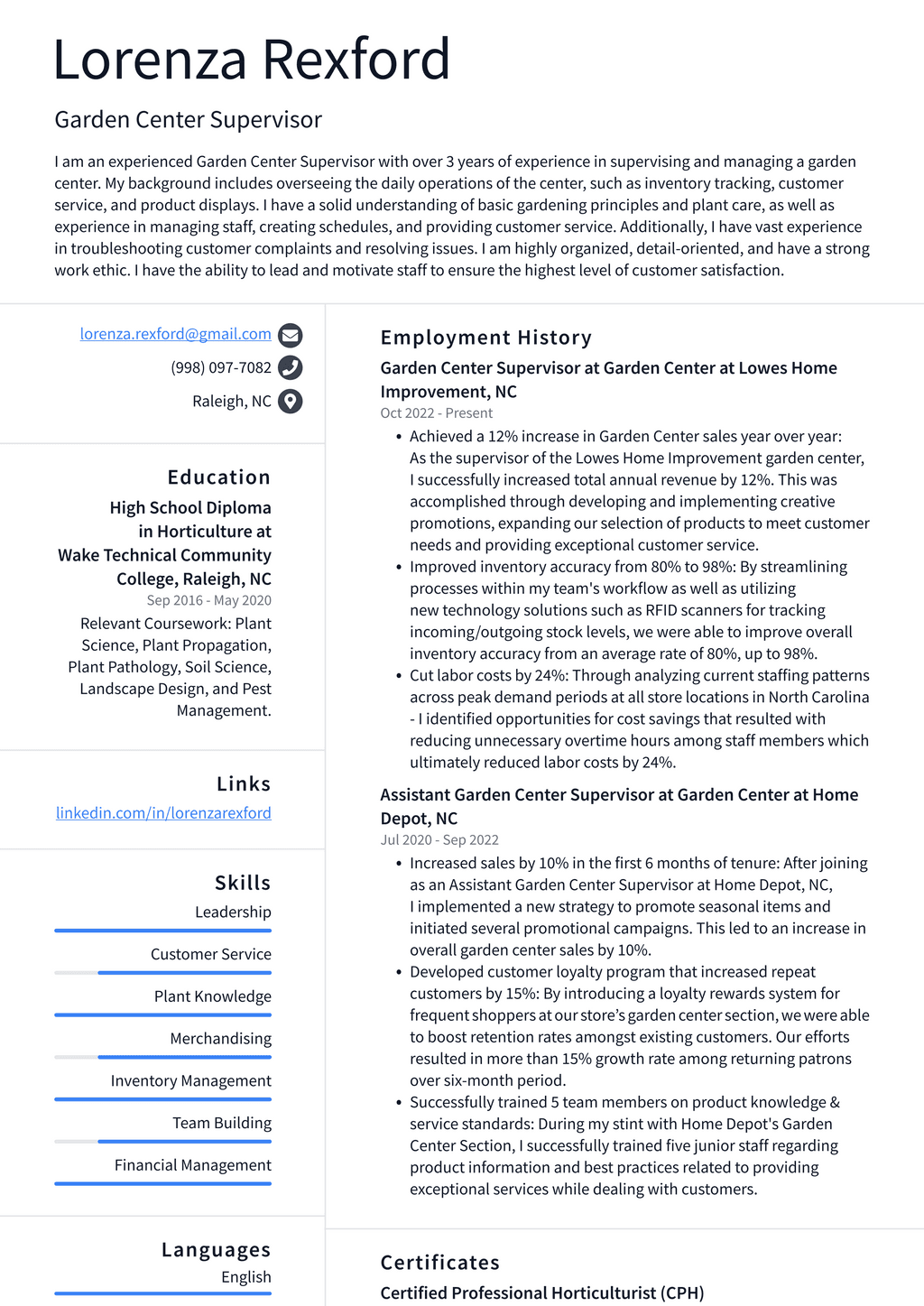 Walmart Garden Center Supervisor Resume Examples | ResumeCat