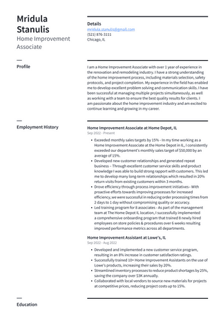 Walmart Home Improvement Associate Resume Examples