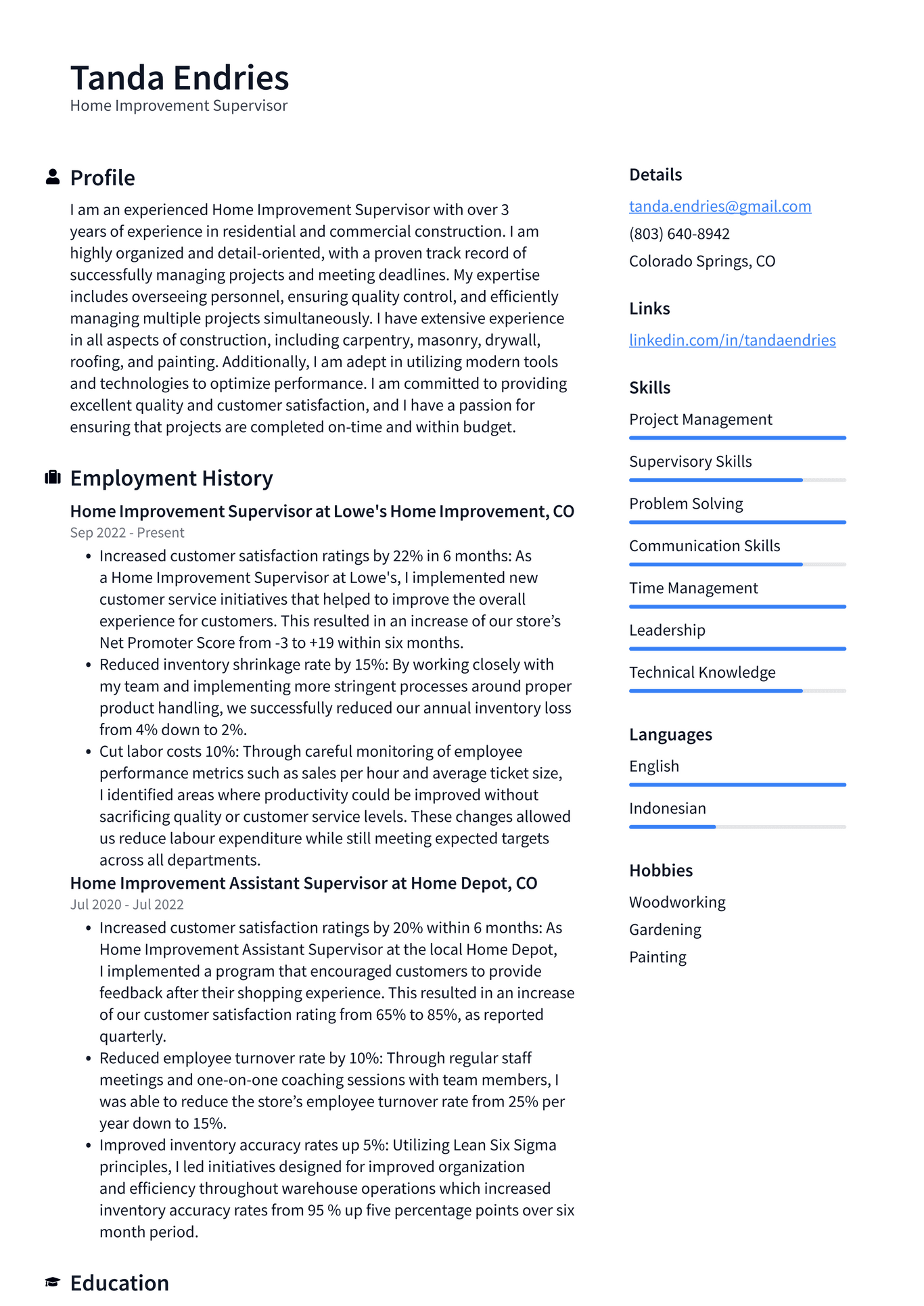 Walmart Home Improvement Supervisor Resume Examples