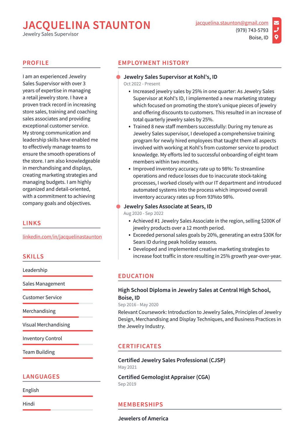 Walmart Jewelry Sales Supervisor Resume Examples | ResumeCat