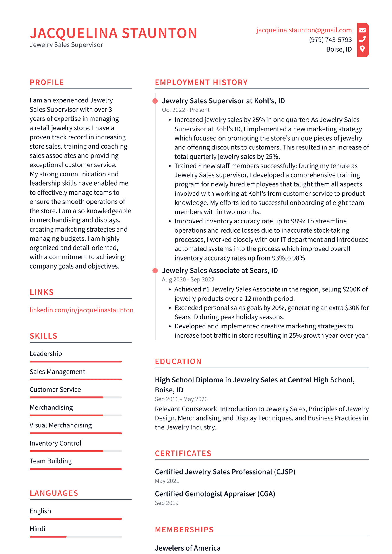 Walmart Jewelry Sales Supervisor Resume Examples | ResumeCat