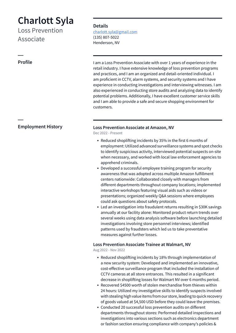 Walmart Loss Prevention Associate Resume Examples