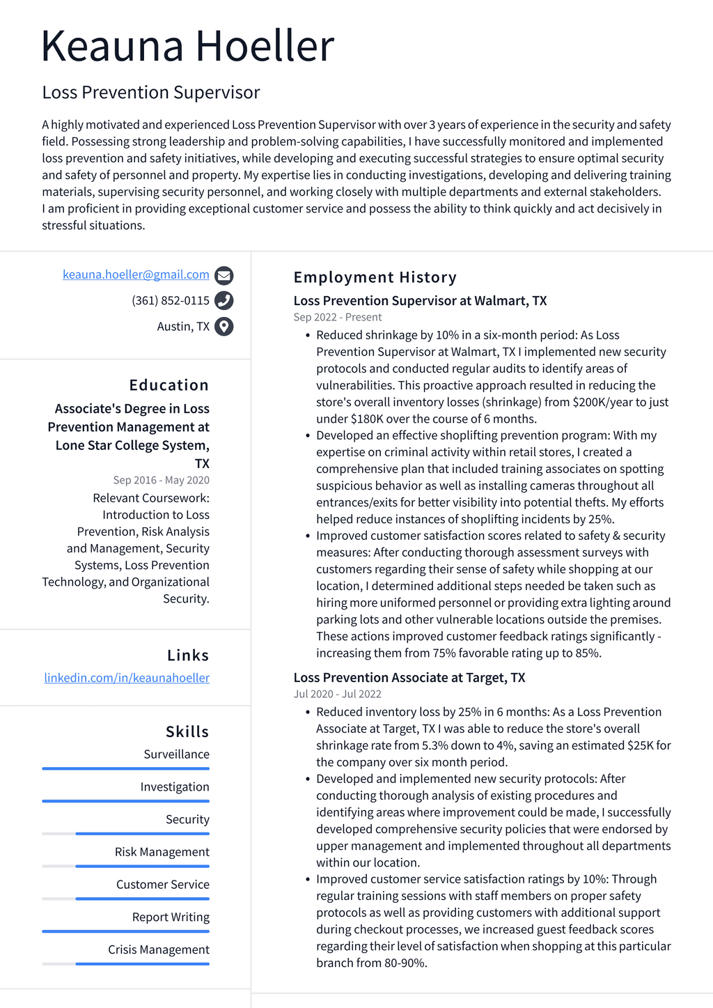 Walmart Loss Prevention Supervisor Resume Examples