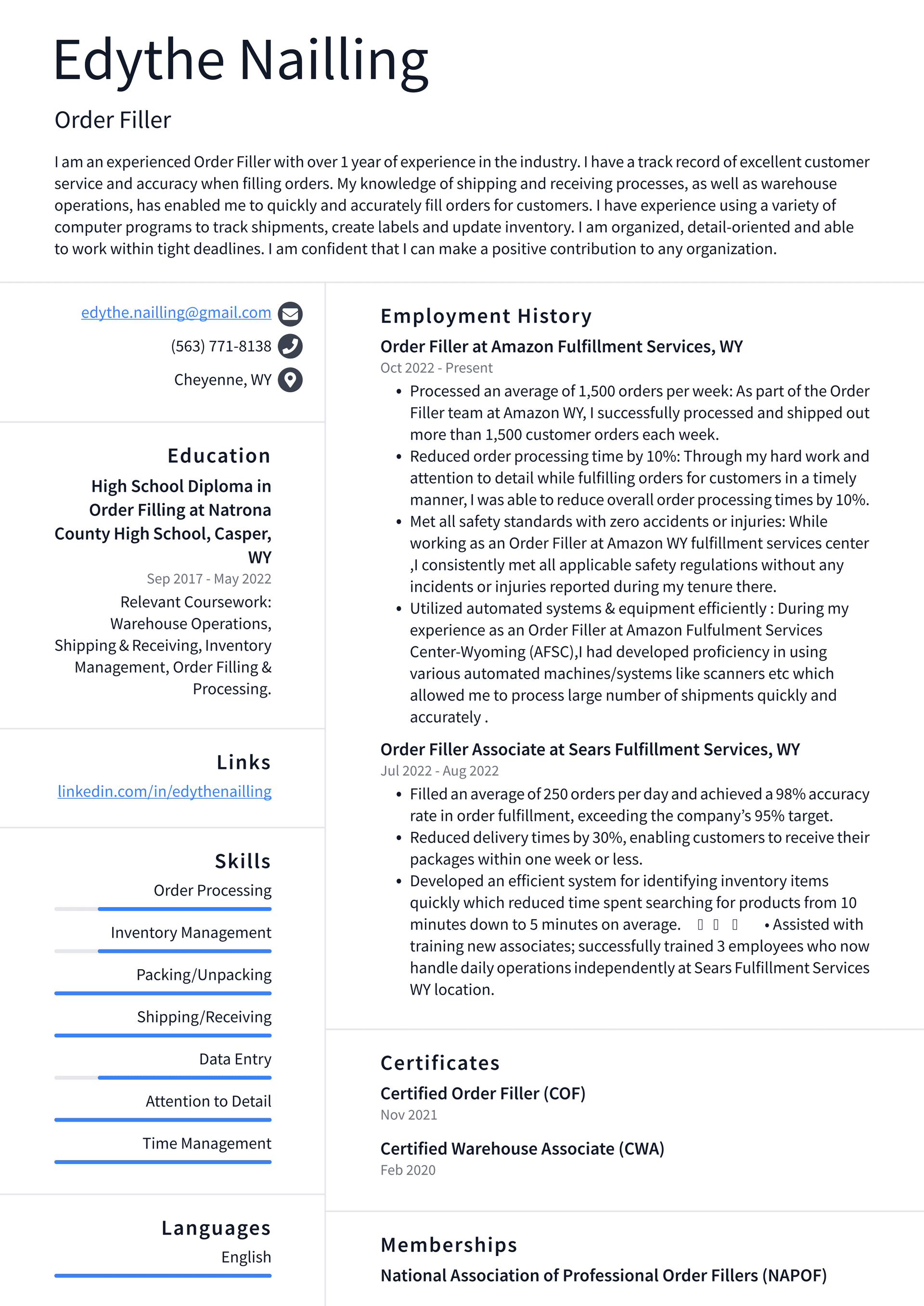 Walmart Order Filler Resume Examples | ResumeCat