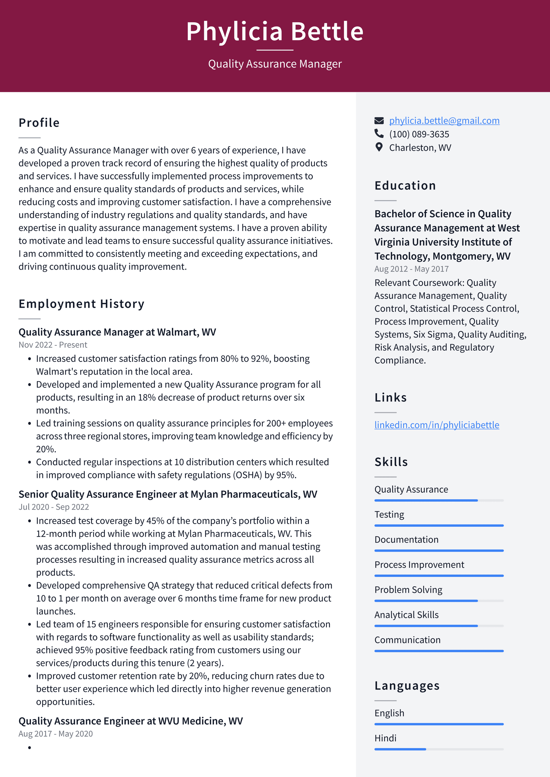 Walmart Quality Assurance Manager Resume Examples