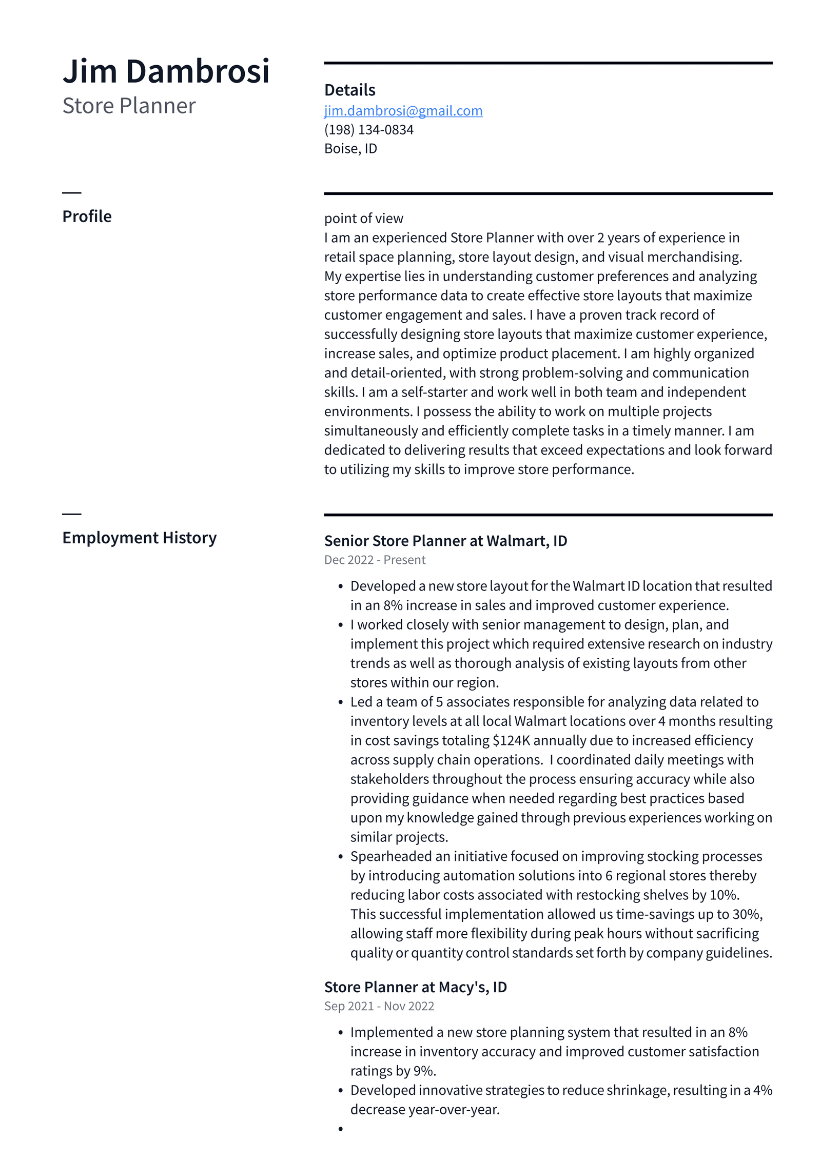 Walmart Store Planner Resume Examples | ResumeCat