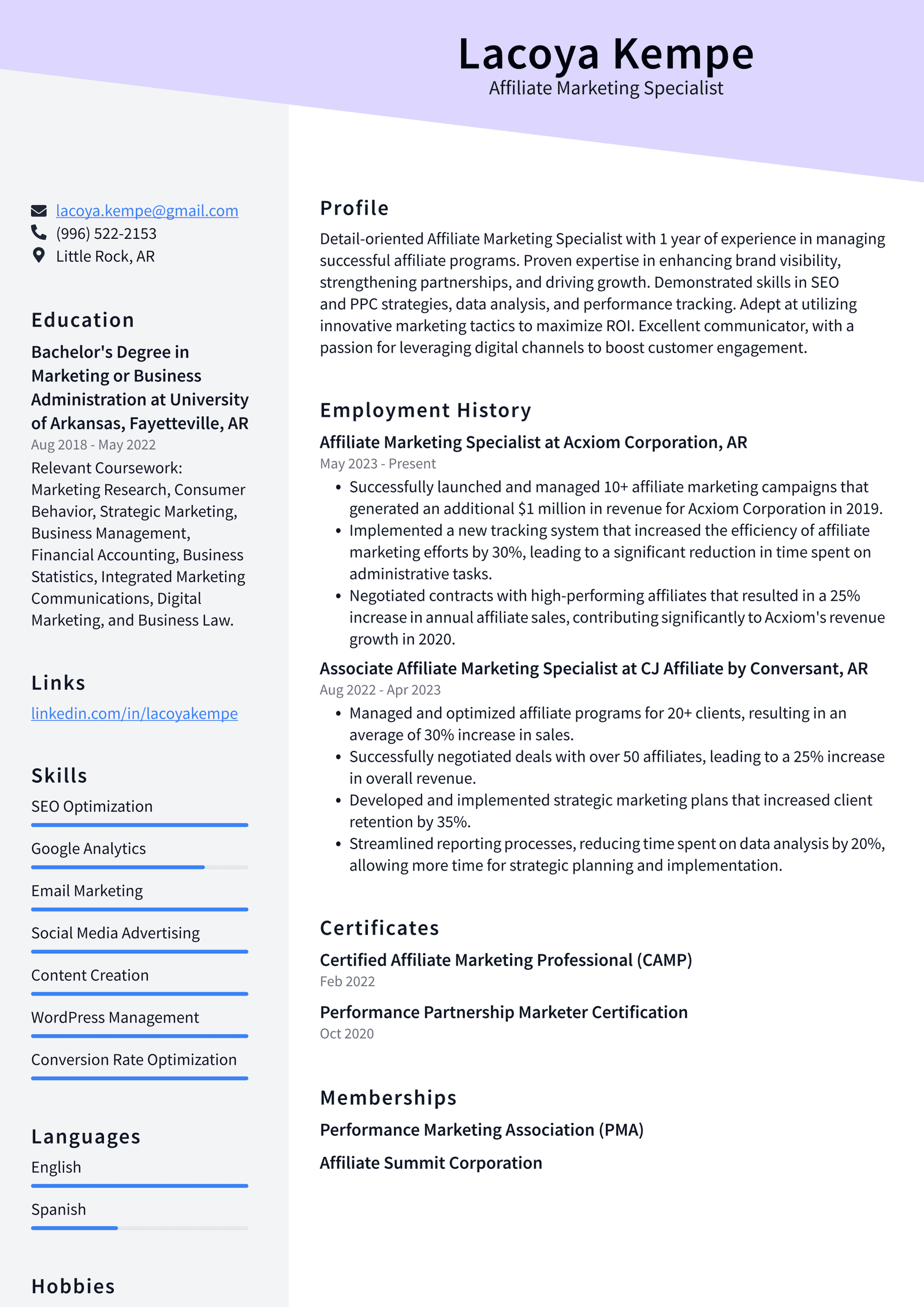 Zoom Affiliate Marketing Specialist Resume Examples