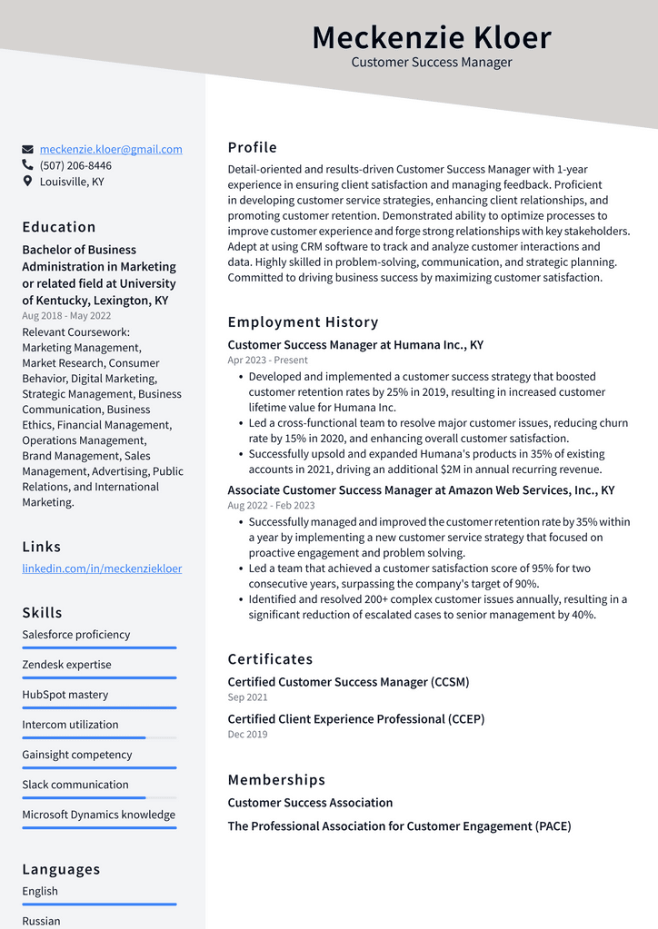 Zoom Customer Success Manager Resume Examples | ResumeCat