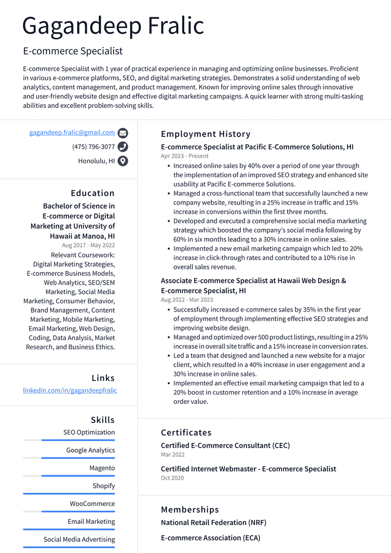Zoom E-commerce Specialist Resume Examples | ResumeCat