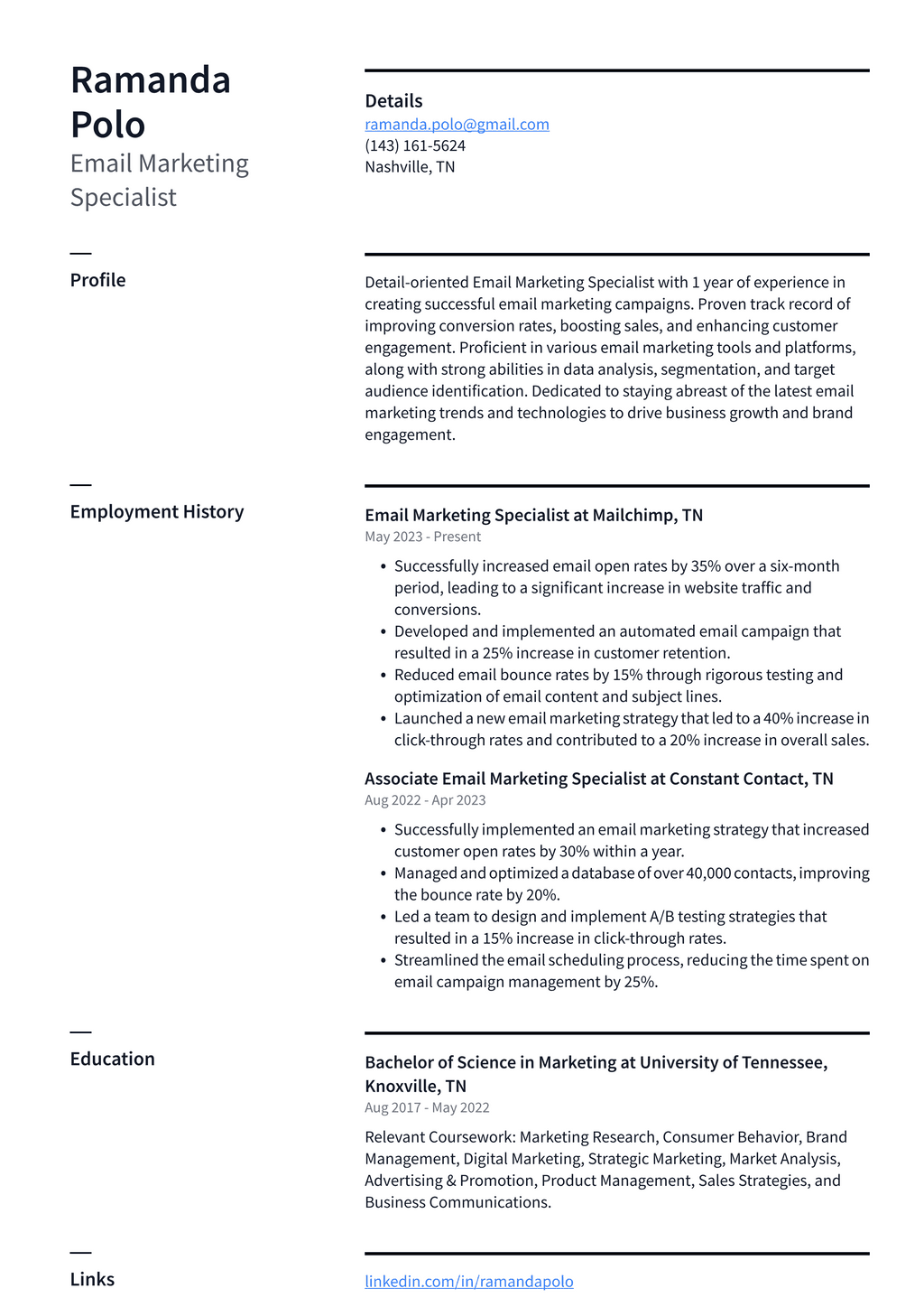Zoom Email Marketing Specialist Resume Examples | ResumeCat
