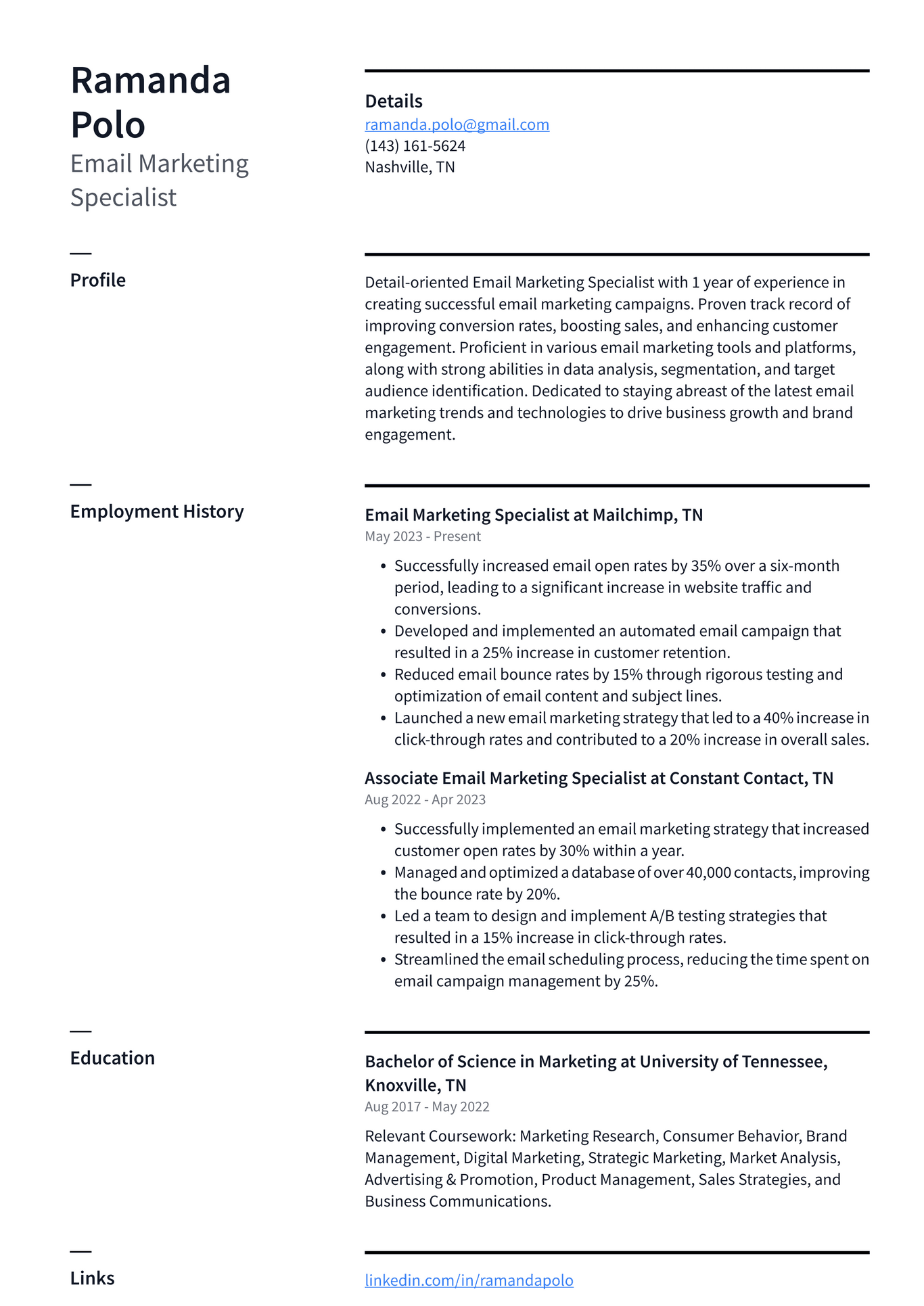 Zoom Email Marketing Specialist Resume Examples | ResumeCat