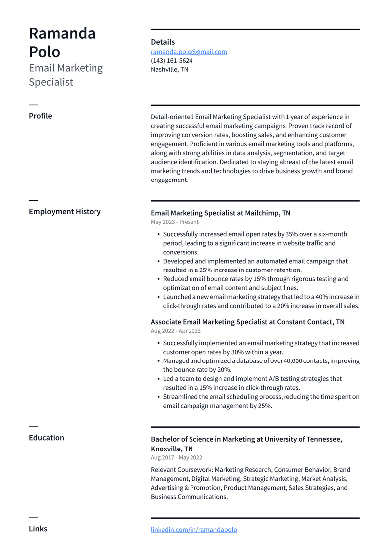 Zoom Email Marketing Specialist Resume Examples | ResumeCat