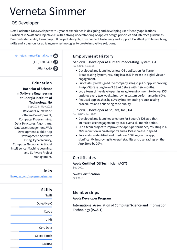 Zoom IOS Developer Resume Examples | ResumeCat