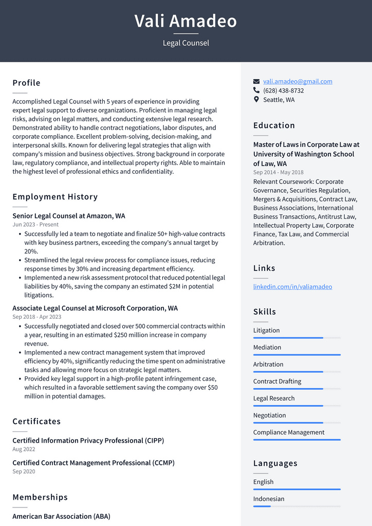 Zoom Legal Counsel Resume Examples | ResumeCat