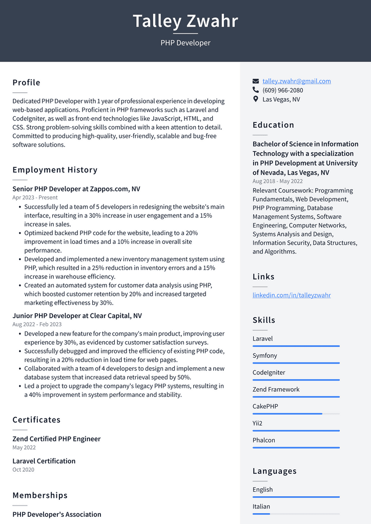 Zoom PHP Developer Resume Examples | ResumeCat