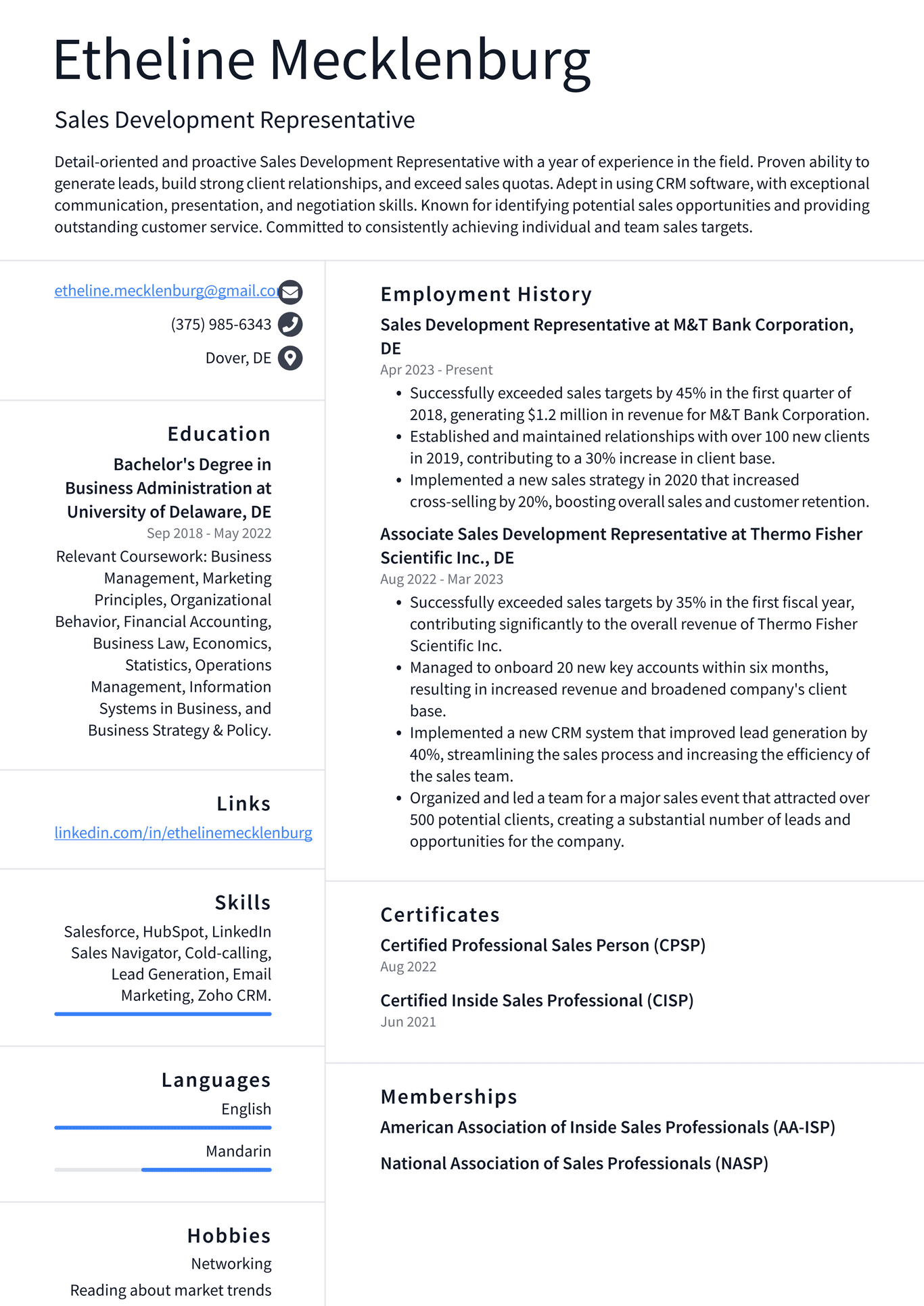 Zoom Sales Development Representative Resume Examples