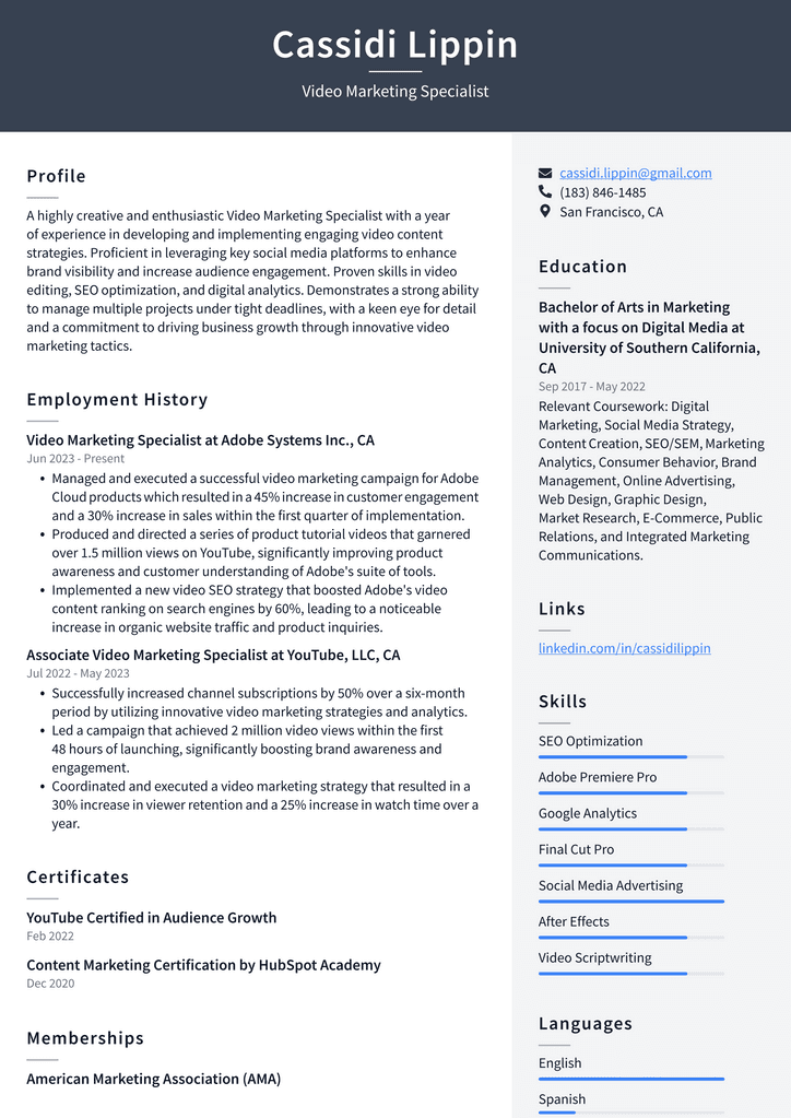 Zoom Video Marketing Specialist Resume Examples | ResumeCat