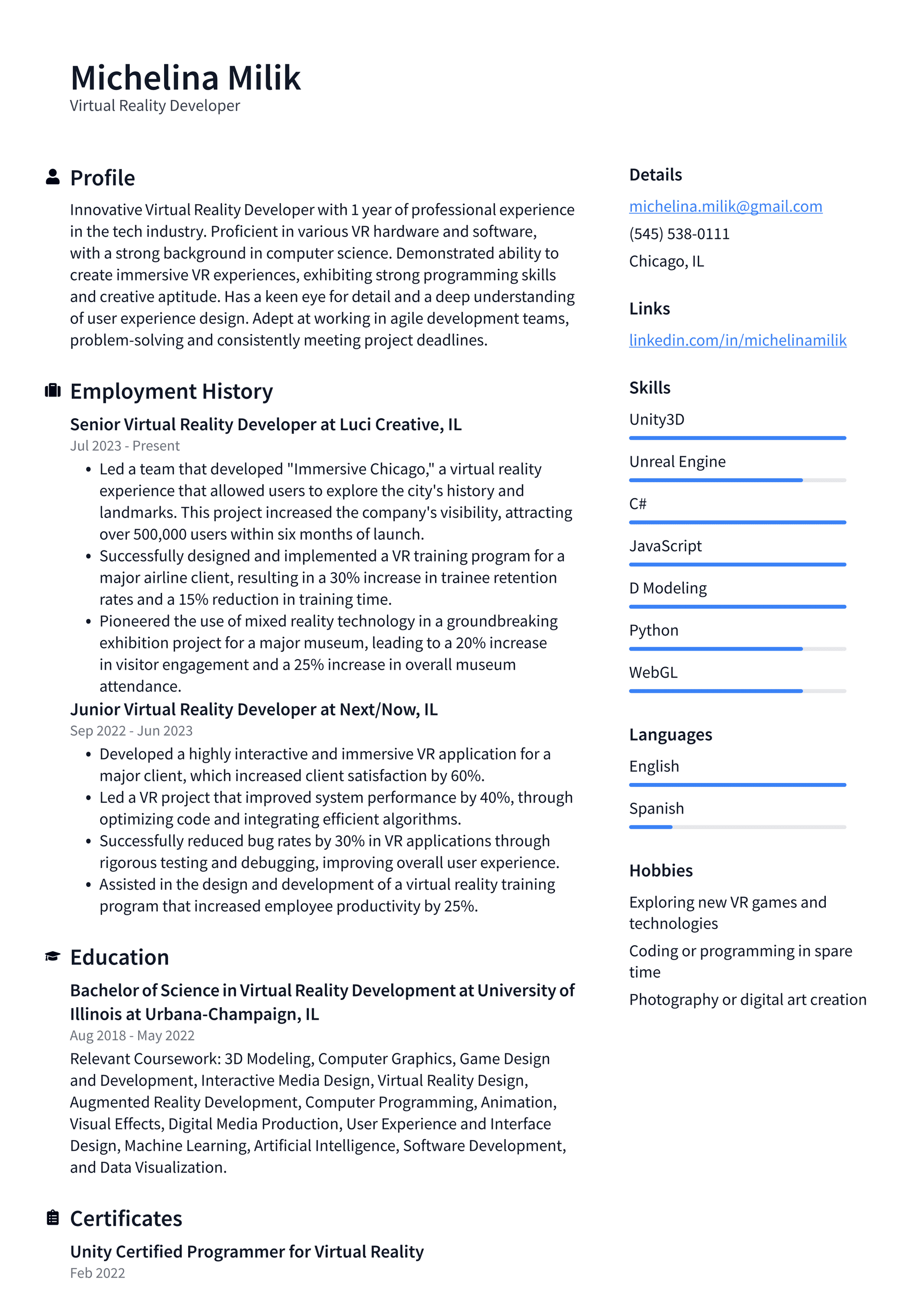 Zoom Virtual Reality Developer Resume Examples | ResumeCat