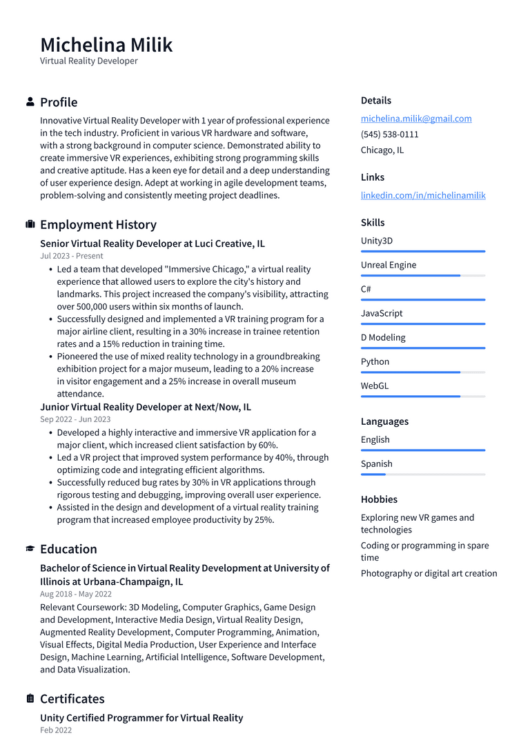 Zoom Virtual Reality Developer Resume Examples | ResumeCat